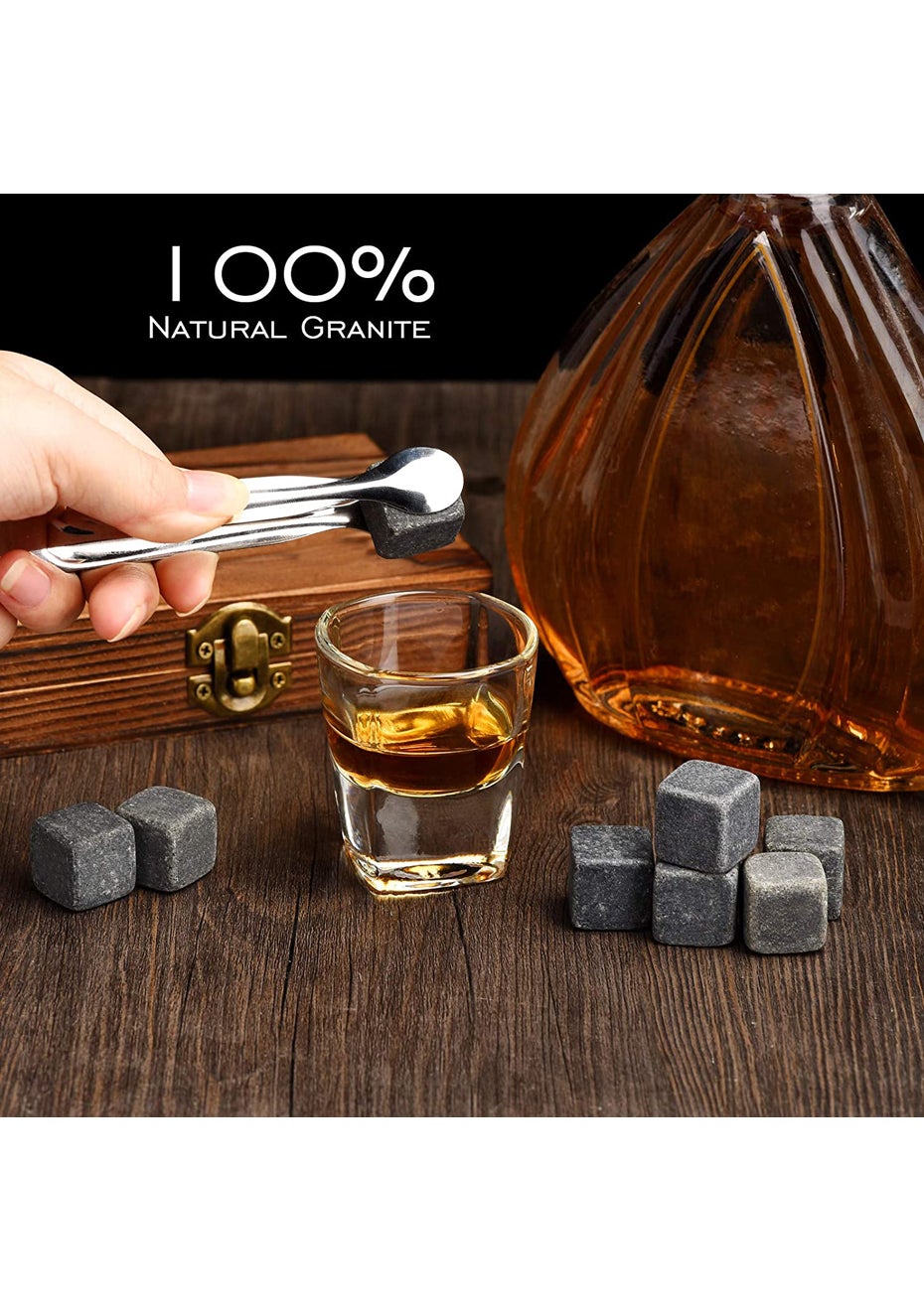9 Granite Whisky Stones Wooden Case Set - Onceit