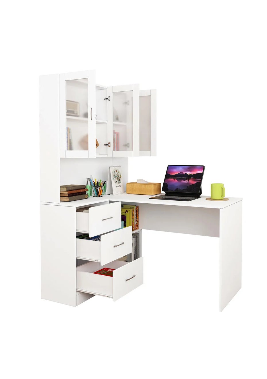 3-in-1 Computer Desk with Bookcase Drawers White Home Office Study - Onceit