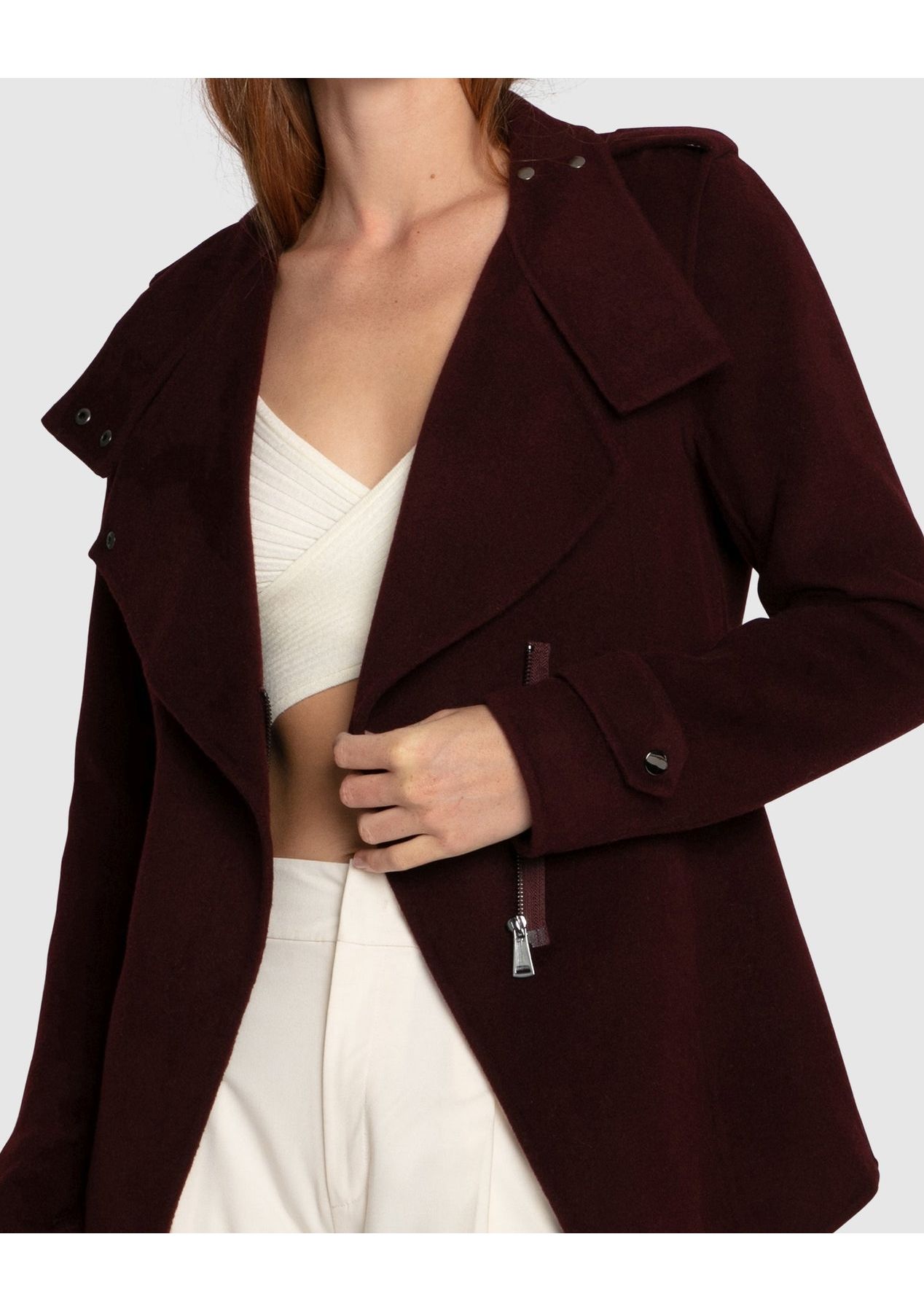 Bad Girl Wool Blend Moto Coat - Burgundy - Onceit