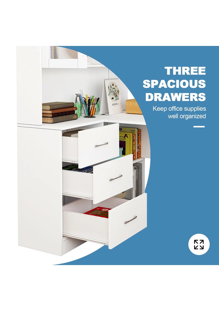 3-in-1 Computer Desk with Bookcase Drawers White Home Office Study - Onceit