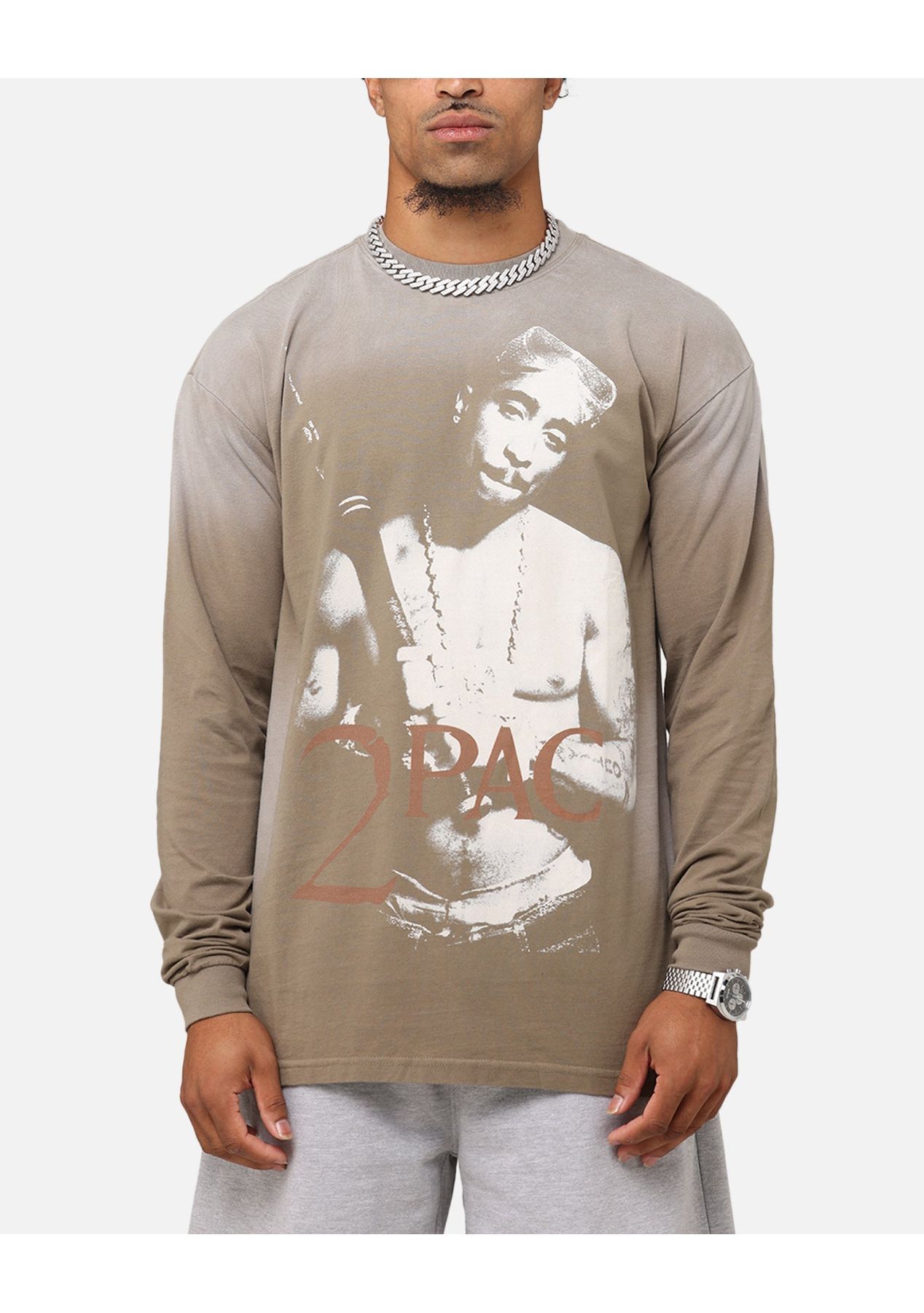 Tupac 2Pac Hem Vintage Long Sleeve T-Shirt Brown - Onceit