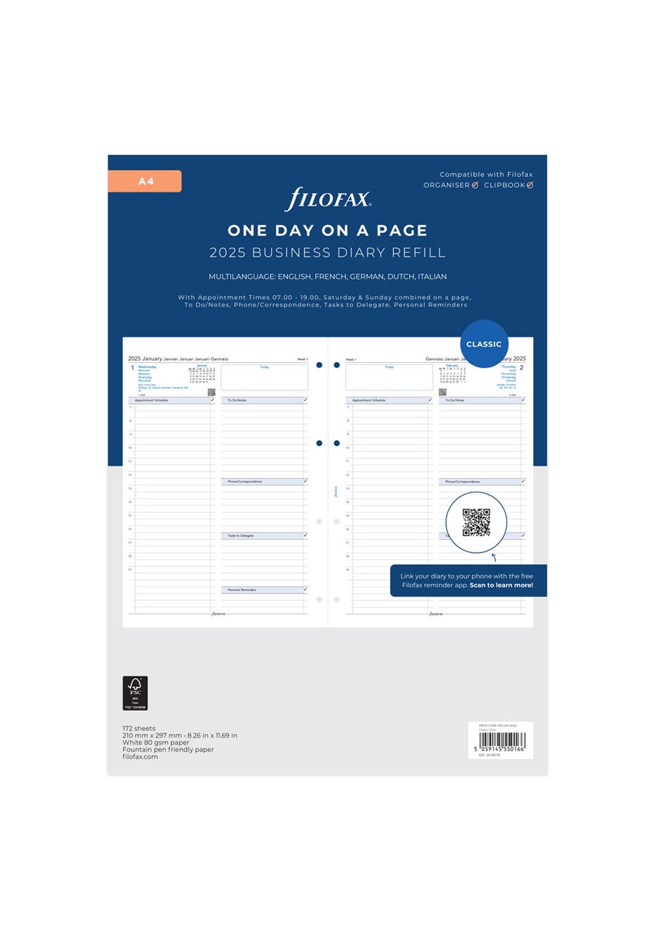 Filofax Refill Classic Day Per Page With Appointments A4 ML 2025 - Onceit