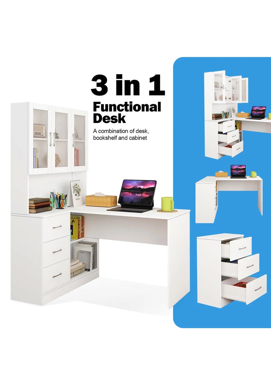 3-in-1 Computer Desk with Bookcase Drawers White Home Office Study - Onceit
